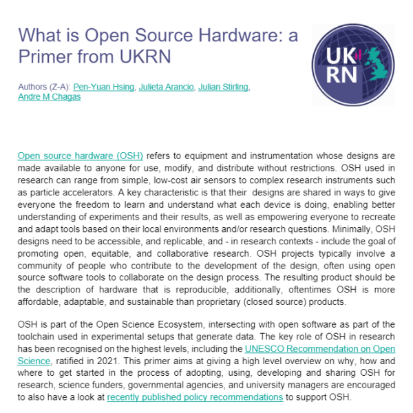 UKRN Primer on Open Source Hardware – Edinburgh Open Research
